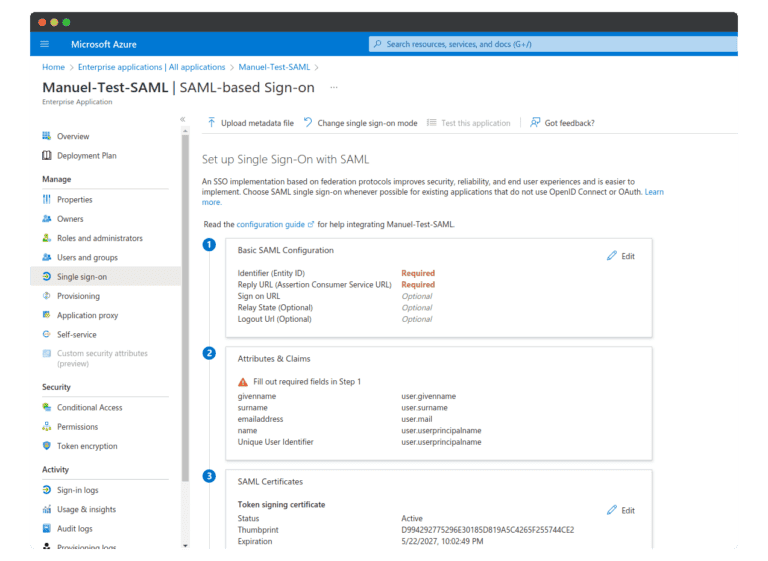 How to add SAML configuration with Azure - gridscale